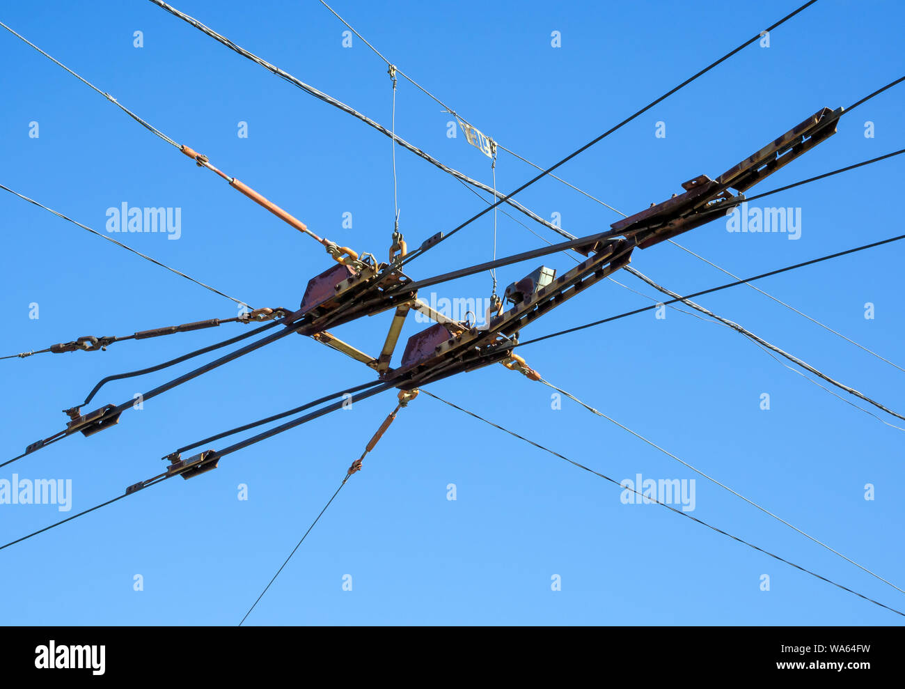 The intersection of the supply wires of the contact network of urban ...