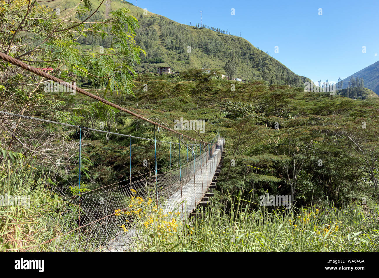 Suspended bridge hanging above the Santa Teresa River in green lush ...