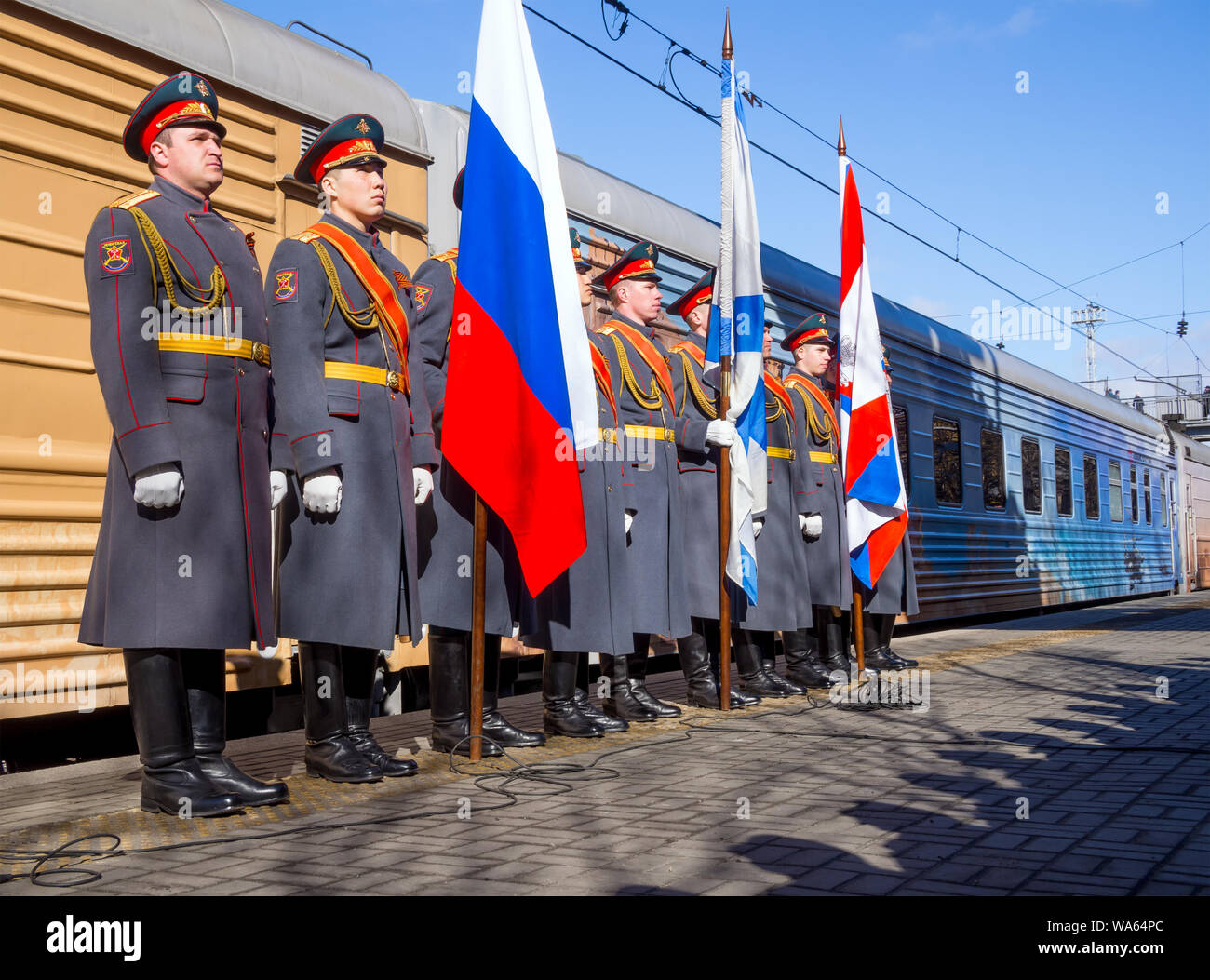 Murmansk, Russia - April 22, 2019: Honor guard at the mobile exhibition ...