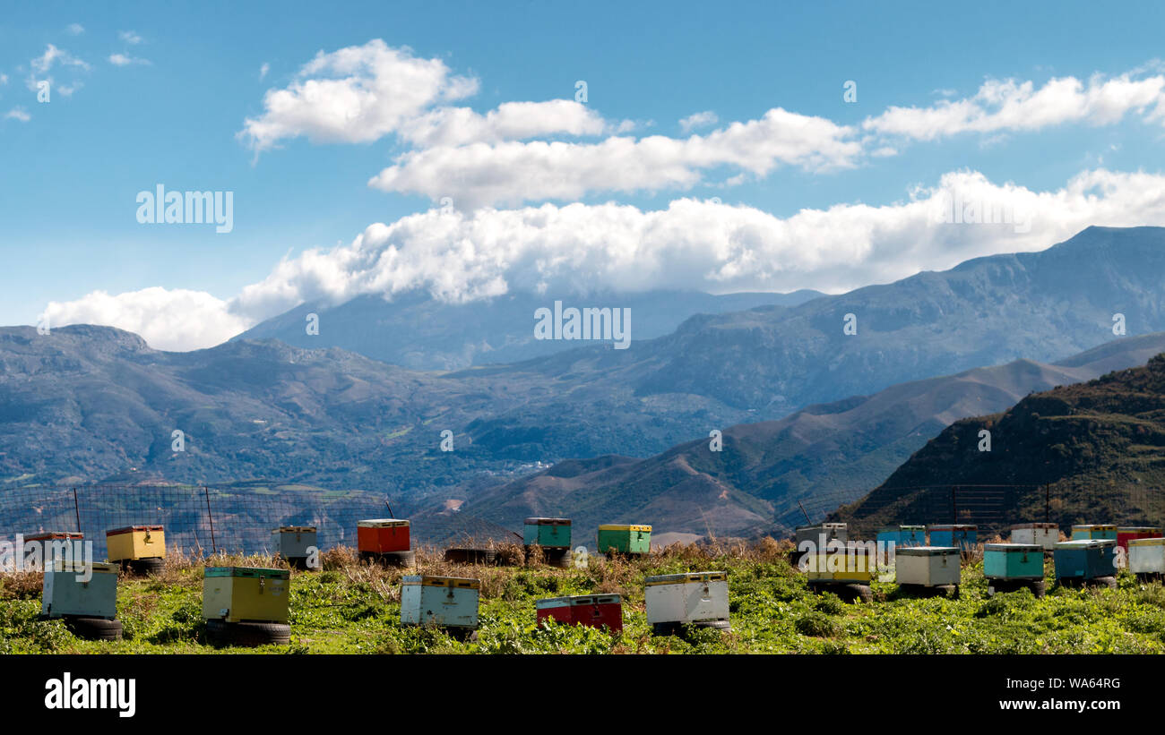 Bee boxes in the highlands of Crete Stock Photo - Alamy