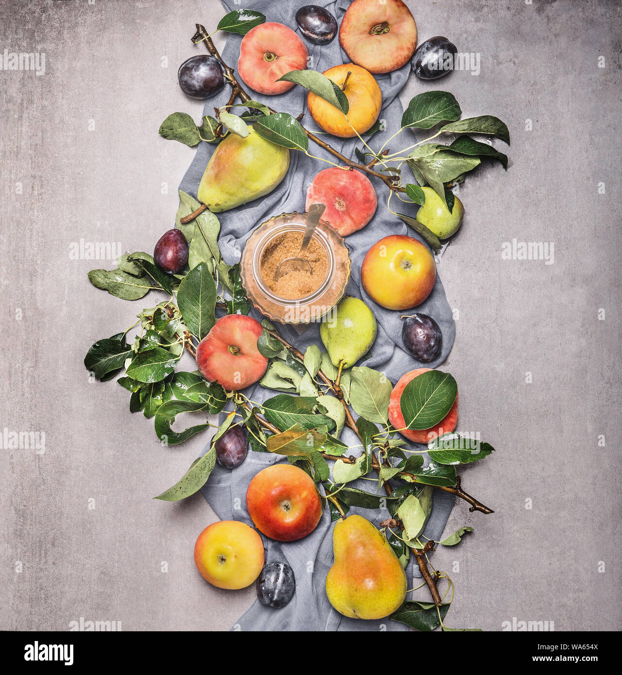 Composing of seasonal organic fruits from garden: apples, pears ...