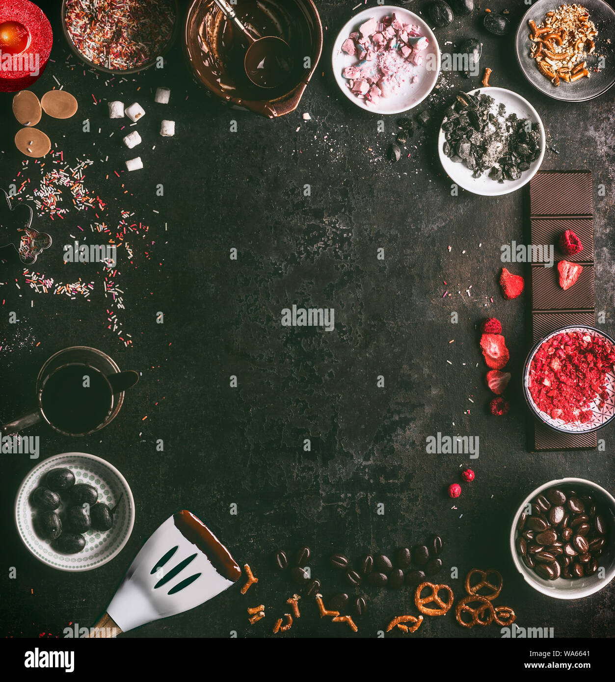 Homemade chocolate factory background. Preparation of chocolate with ...