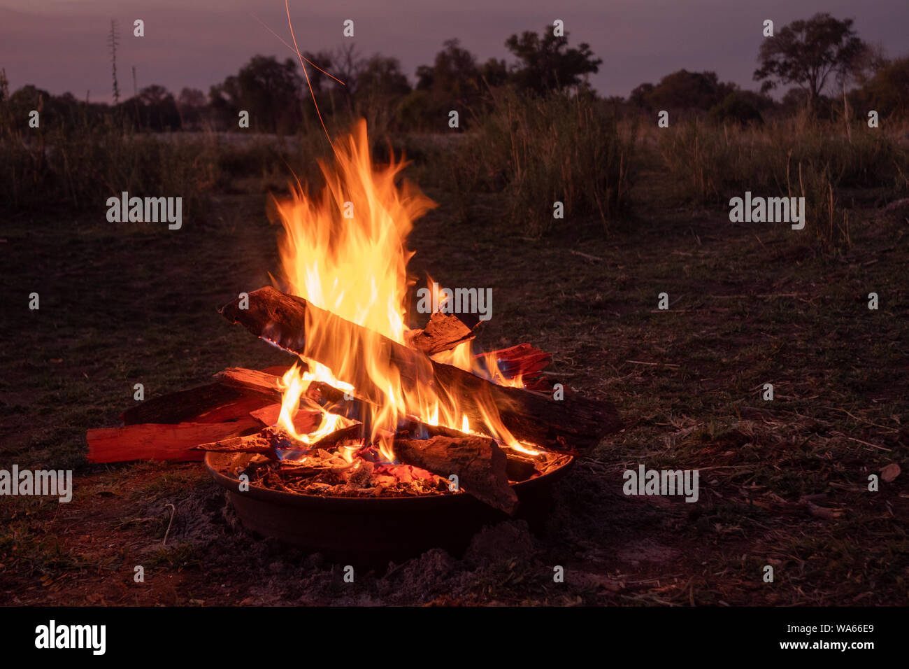 Campfire at Twilight Burning in the Romantic Landscape of the Savannah ...