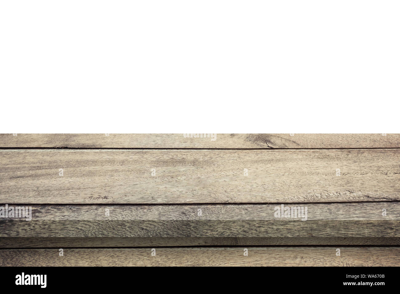 Empty wood table on isolate white background and display montage with ...