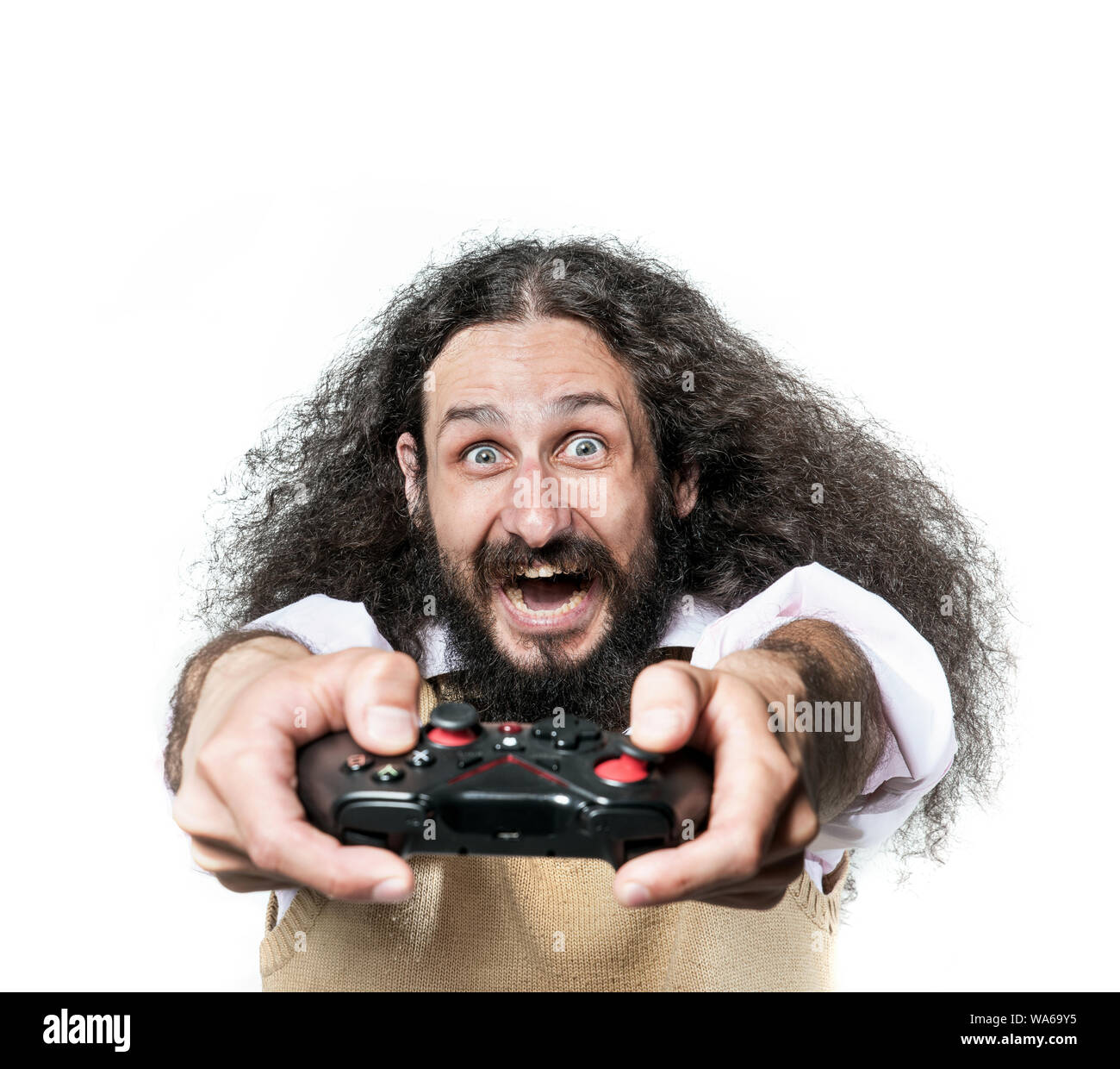 Freaky nerd playing a new video game Stock Photo - Alamy