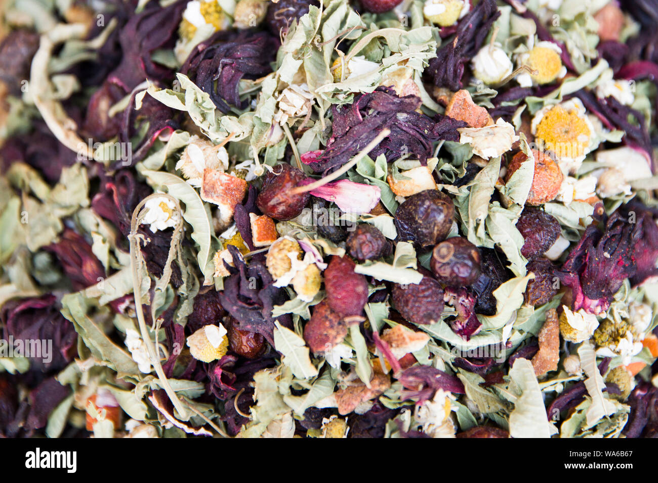 Closeup detail of the turkish relax tea ingrediants on the market in ...