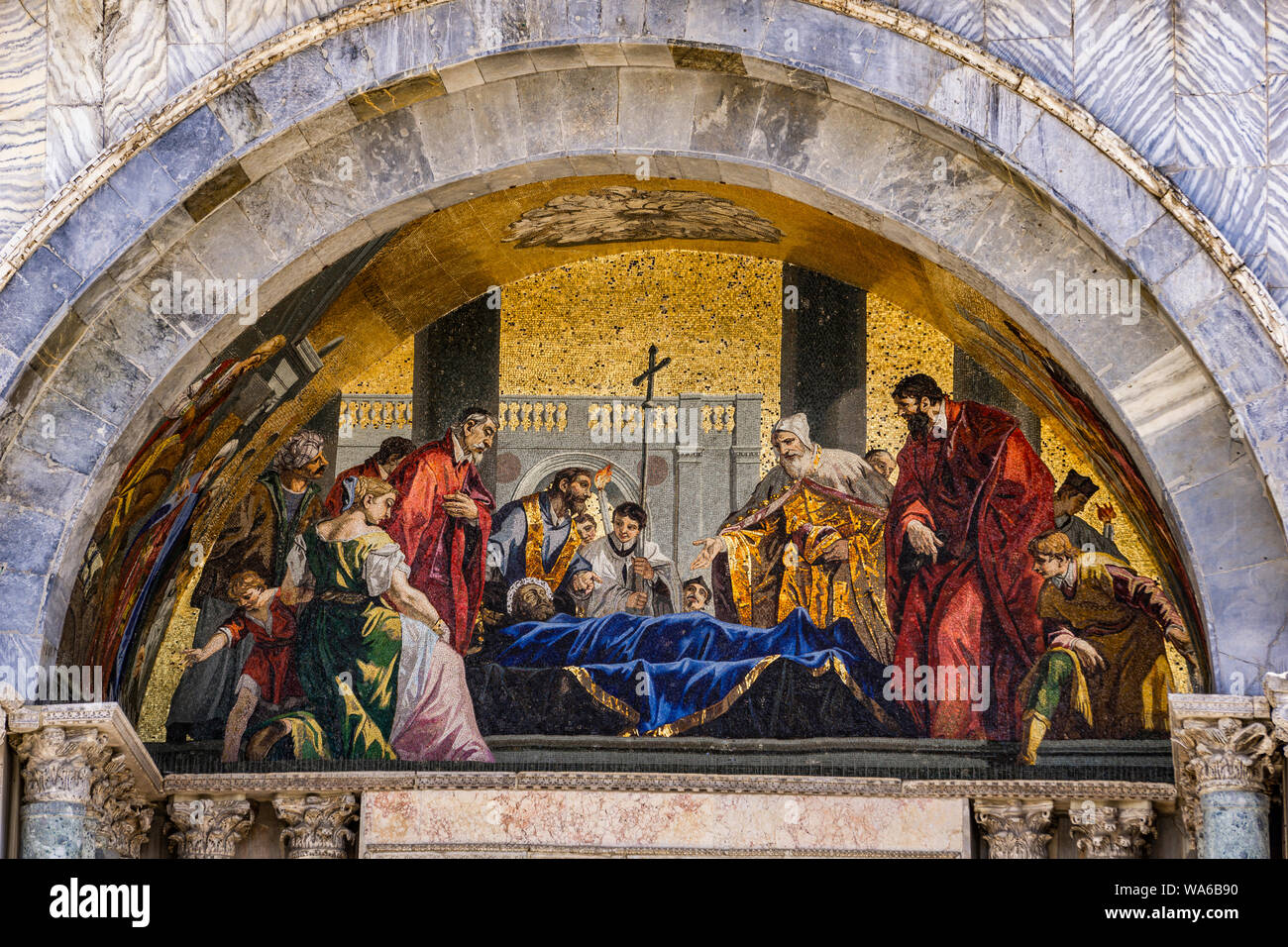 Saint Mark's body venerated by the doge mosaic from 1728 at facade of ...