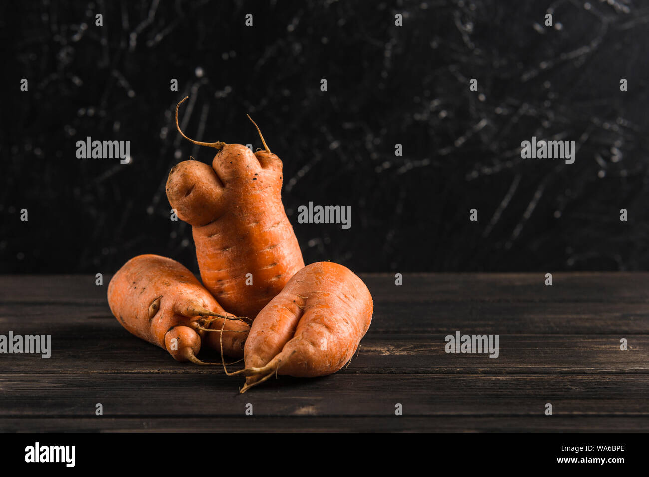 Ugly vegetable carrot with sprouts on a dark wooden natural background ...