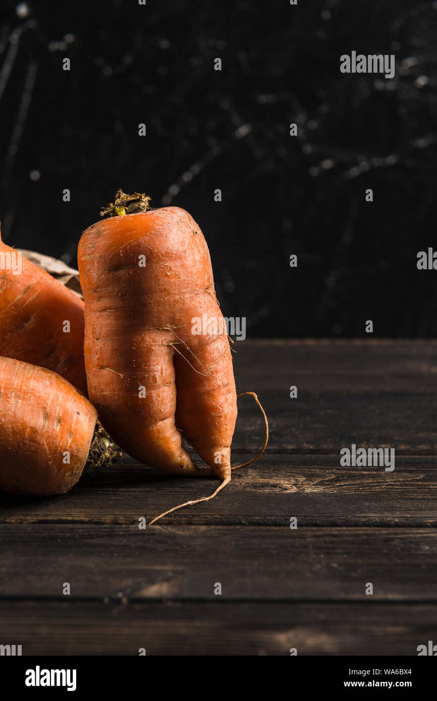 Ugly vegetable carrot with sprouts on a dark wooden natural background ...