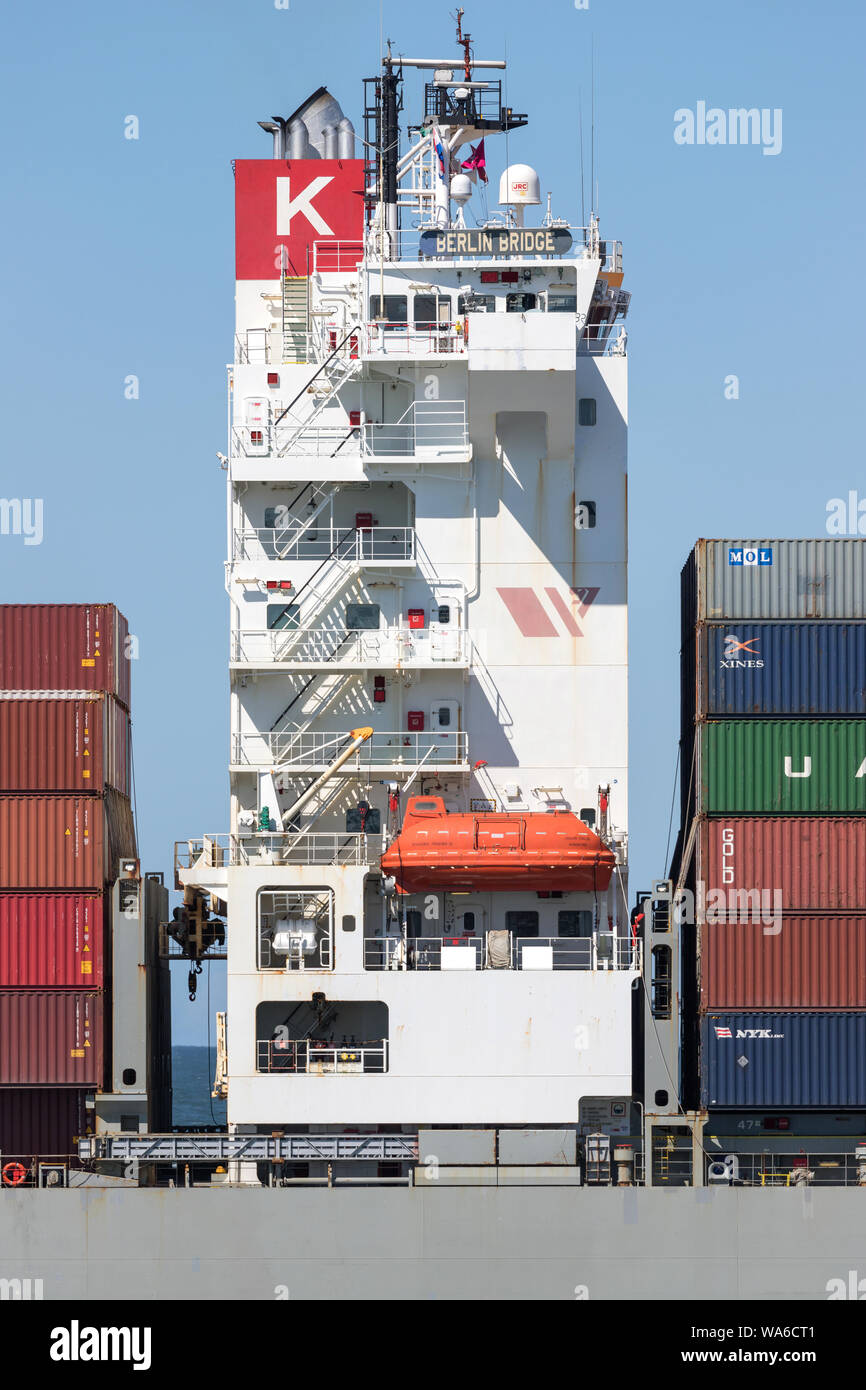 K Line container ship BERLIN BRIDGE inbound Rotterdam. Kawasaki Kisen ...