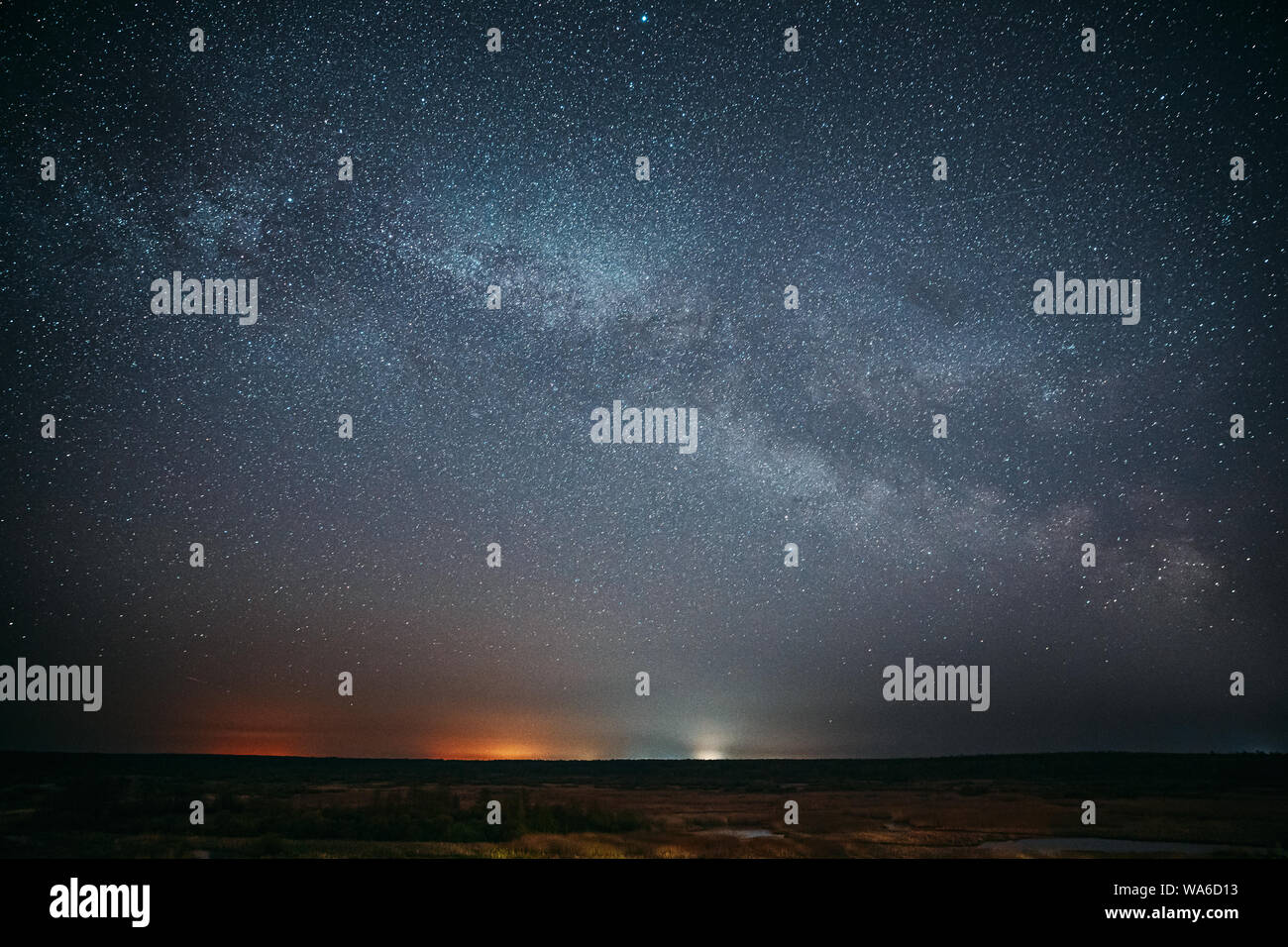 Night Starry Sky With Glowing Stars Above Forest Landscape. Dark Night ...