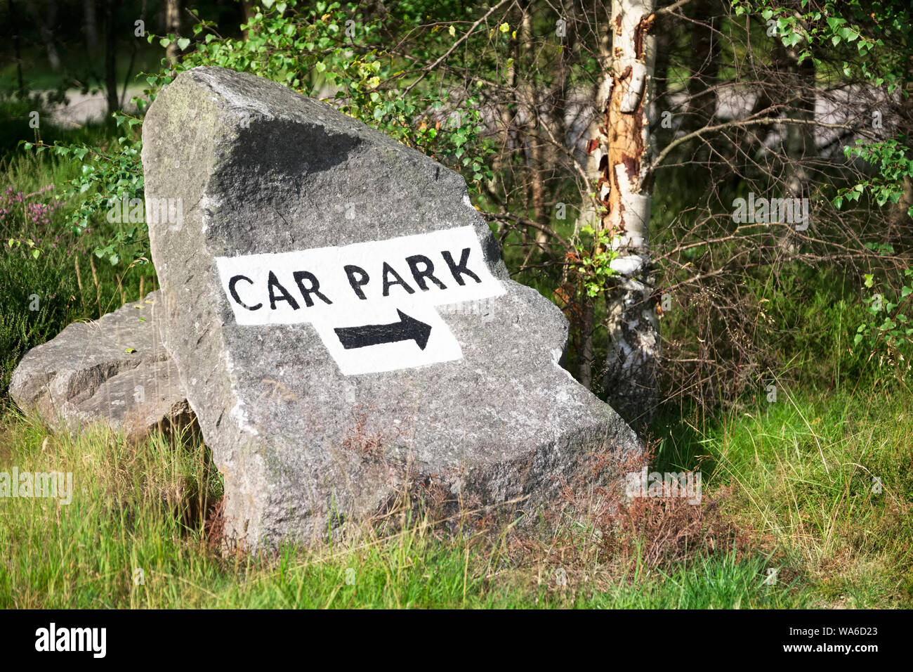Walkers car park direction arrow sign painted on rock in woodlands ...