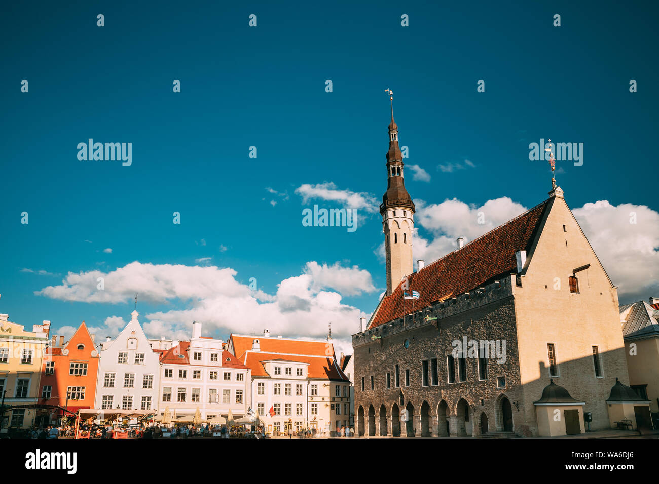 Tallinn, Estonia. Famous Old Traditional Town Hall Square In Sunny ...