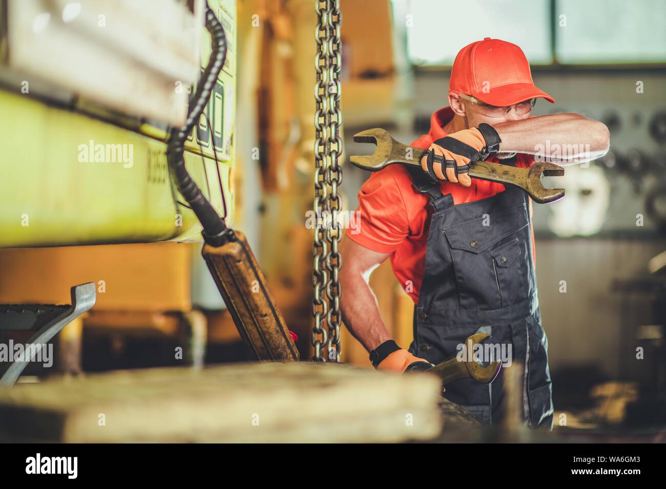 Heavy Machinery Technician Worker. Caucasian Men with Large Iron Wrench ...