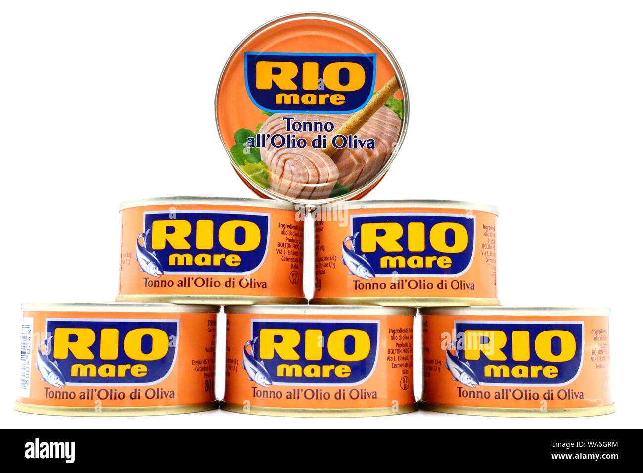 Can of RIO MARE Tuna in olive oil. Rio Mare is a brand of Bolton Food ...