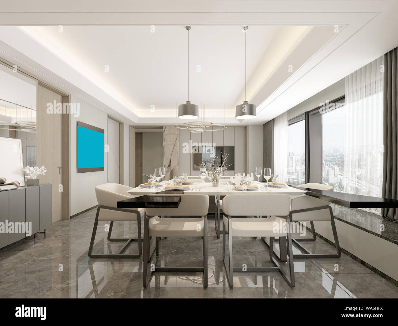 3d render modern living and dining room Stock Photo - Alamy