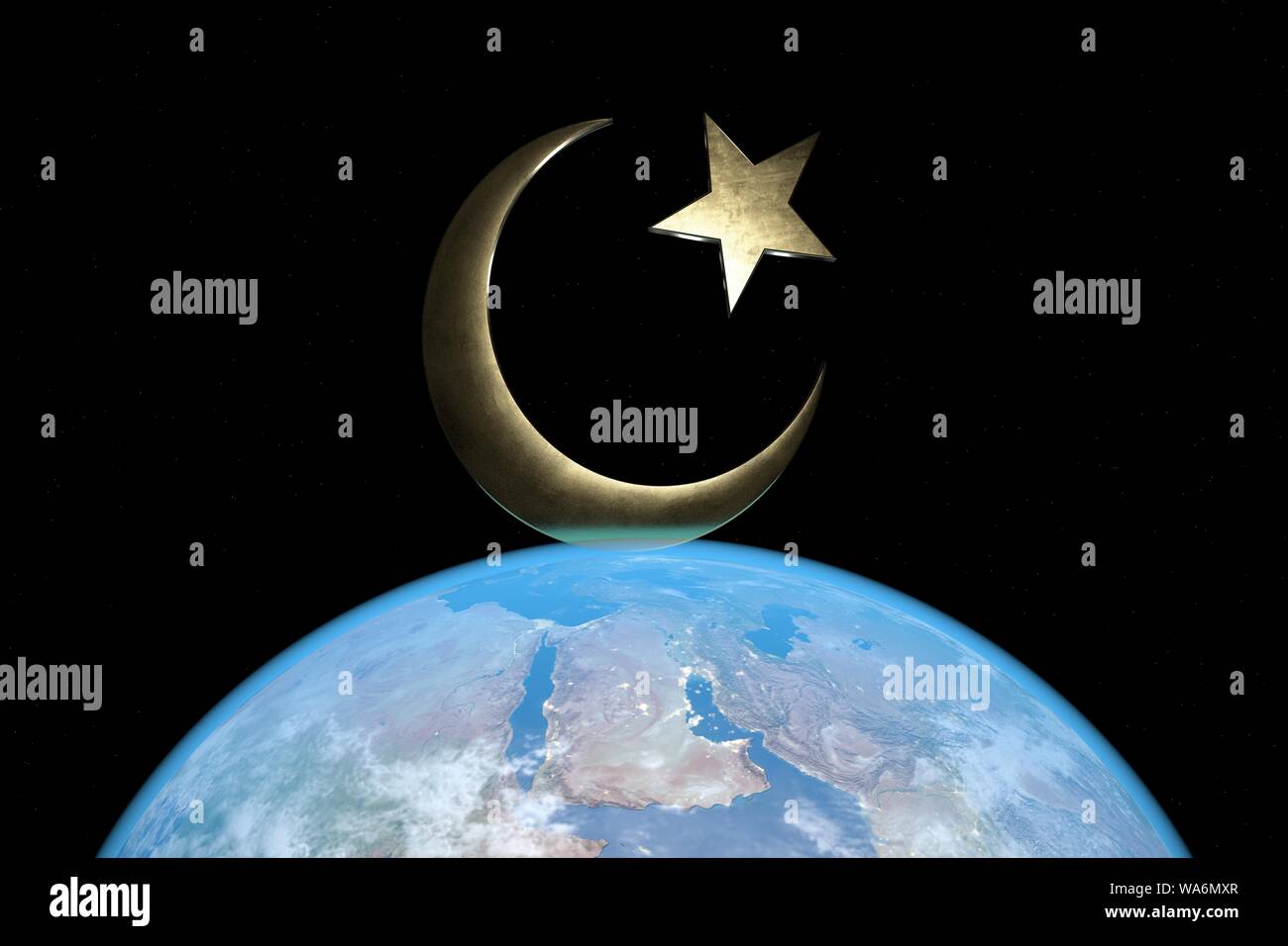 3d illustration: A young Golden Crescent moon over the planet earth and ...