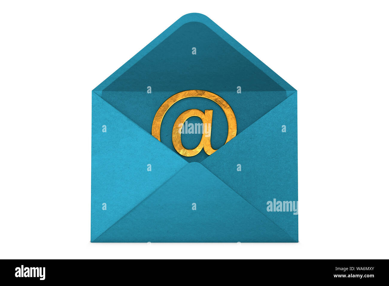 3d illustration: golden email symbol in open blue paper mail envelope ...