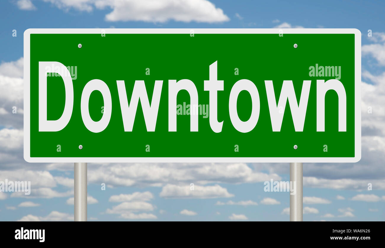 Rendering of a green highway sign for Downtown Stock Photo - Alamy
