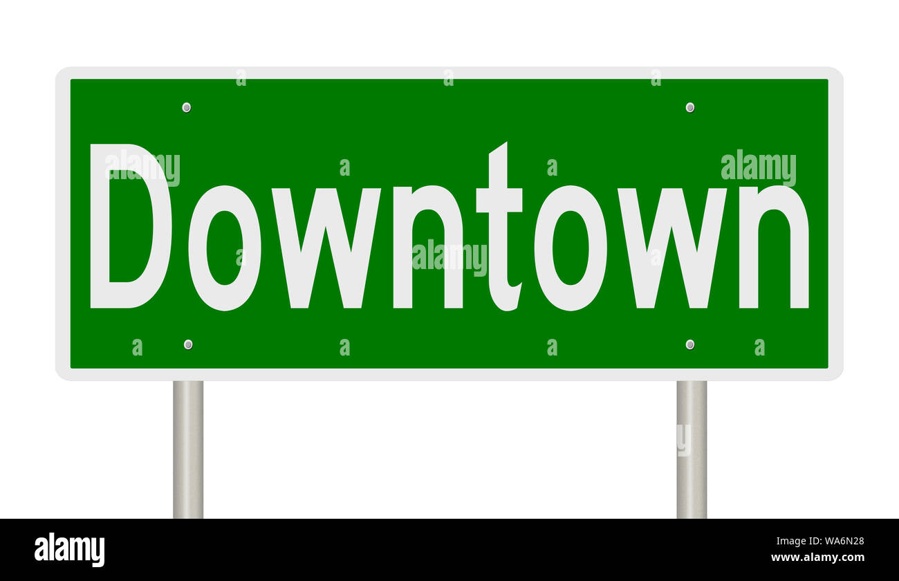 Rendering of a green highway sign for Downtown Stock Photo - Alamy