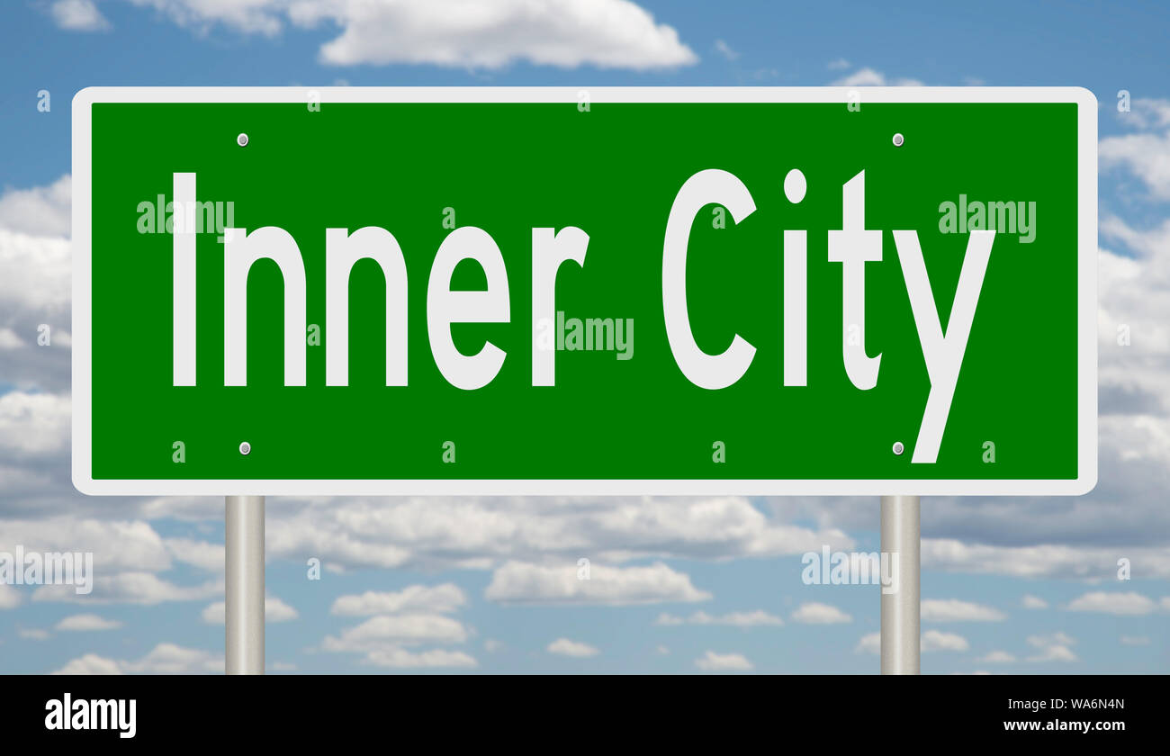 Rendering of a green highway sign for Inner City Stock Photo - Alamy