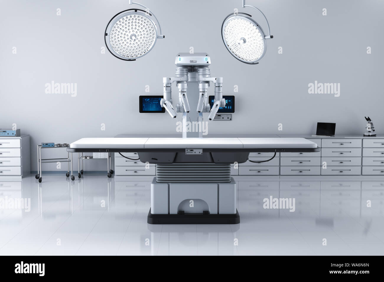 3d rendering surgery room with robotic surgery and empty bed Stock ...