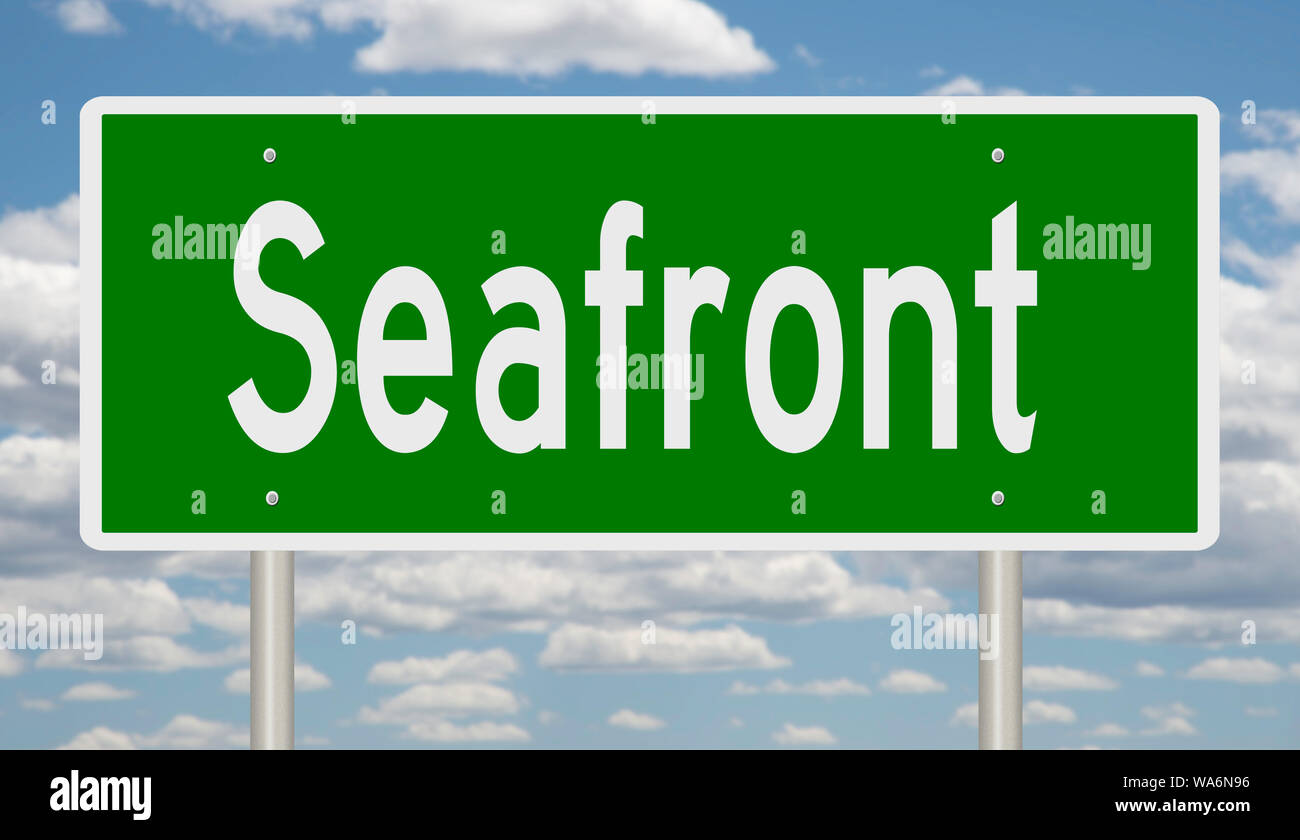 Rendering of a green highway sign for Seafront Stock Photo - Alamy