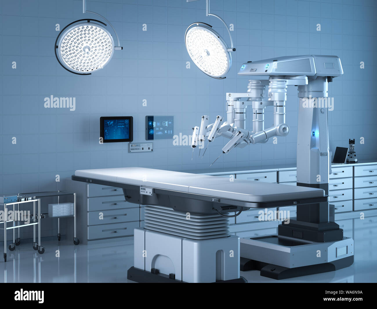 3d rendering surgery room with robotic surgery and empty bed Stock ...