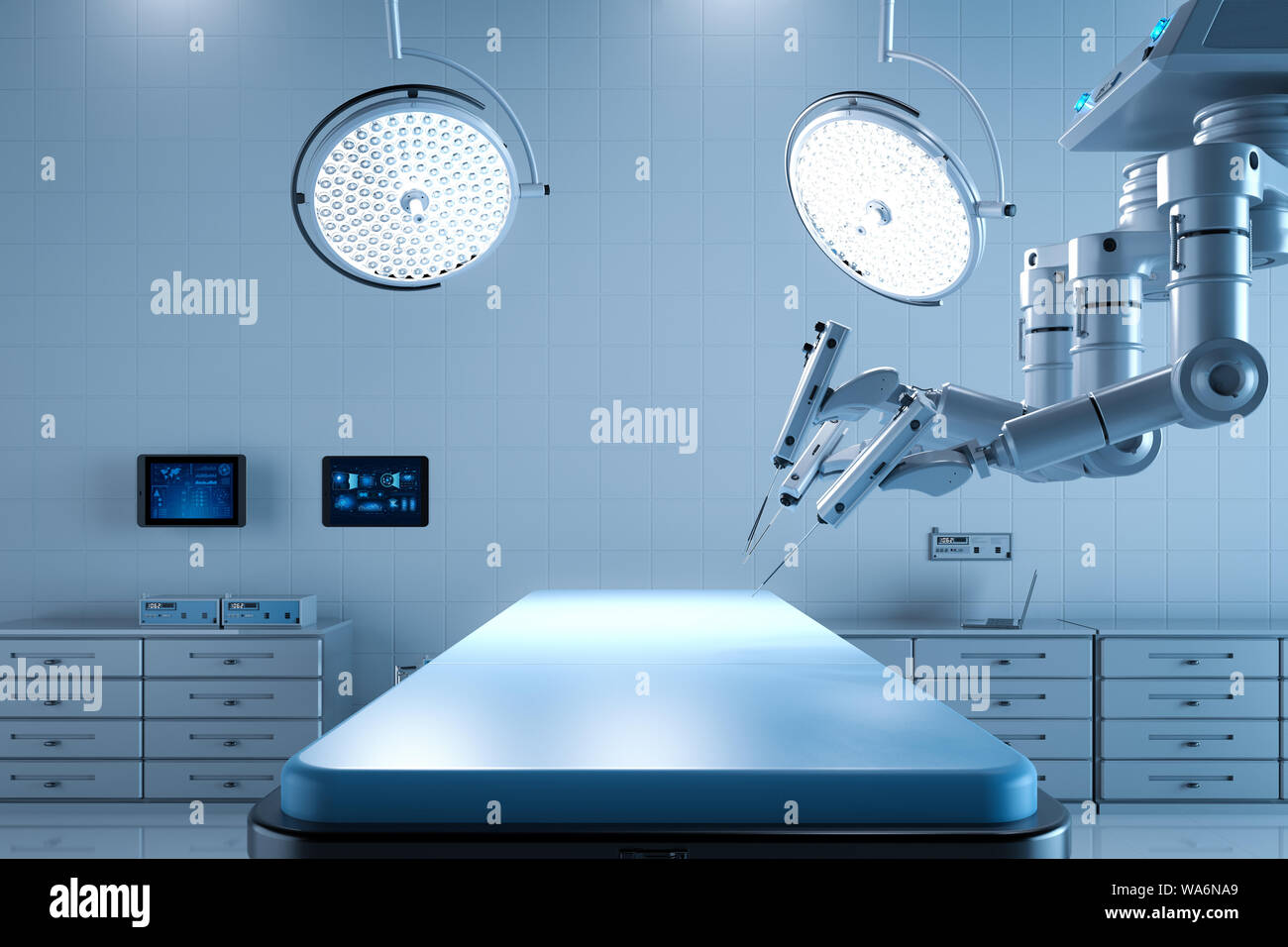 3d rendering surgery room with robotic surgery and empty bed Stock ...