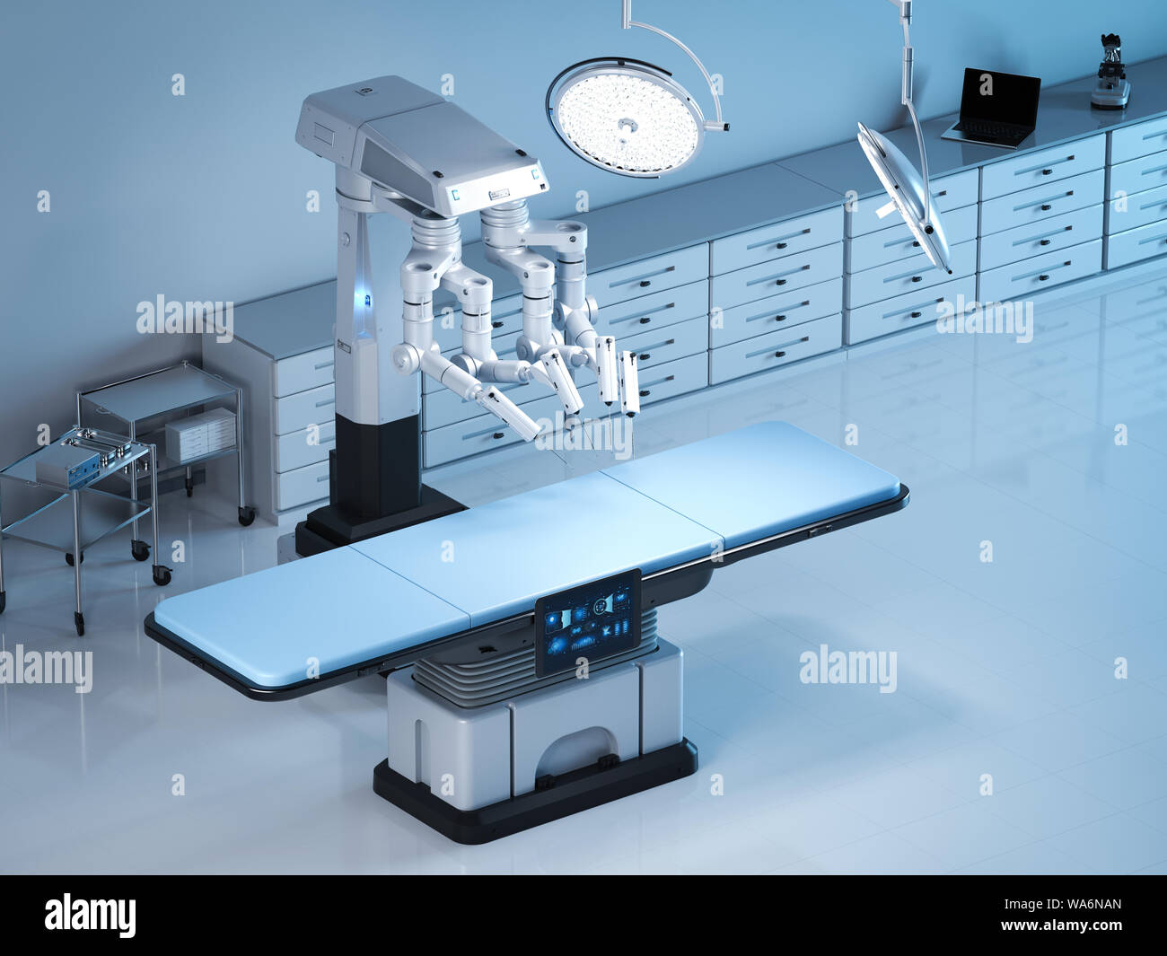 3d rendering surgery room with robotic surgery and empty bed Stock ...