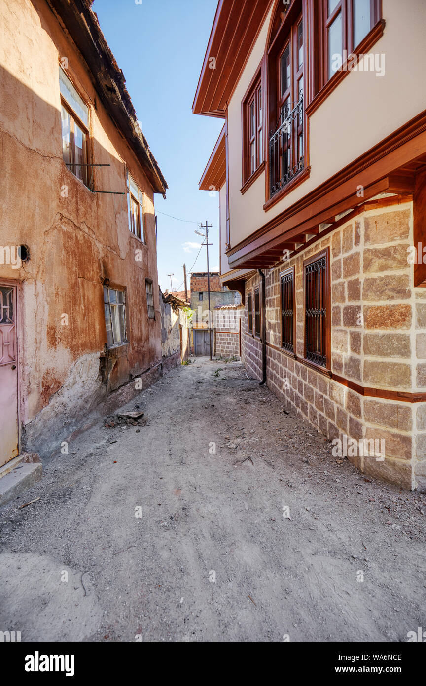 Historical Ankara houses around the alley in Hamamonu district of ...