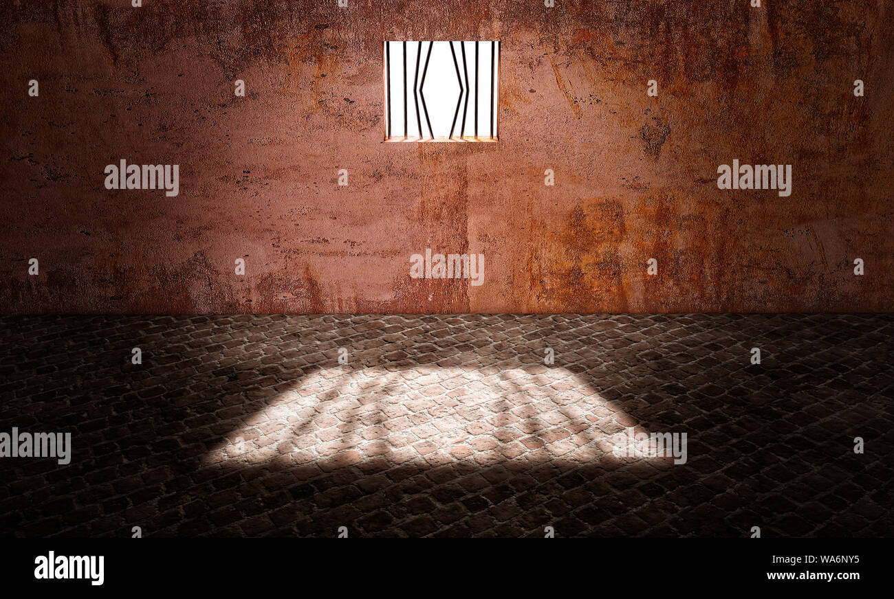 Prison cell. Escape from a penitentiary window. 3d render. Brick floor ...