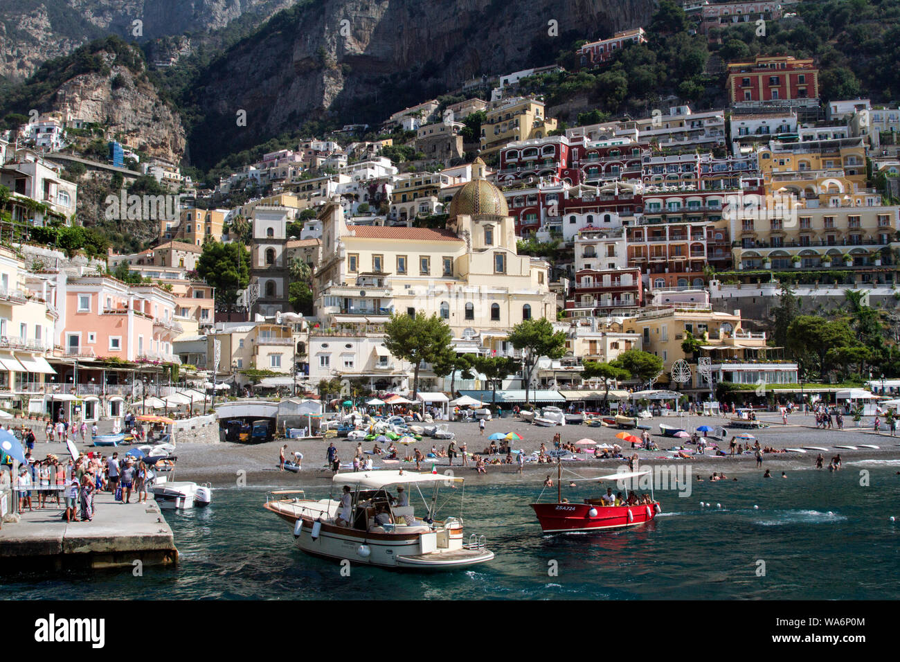 Leisure boats in the bay of Positano, Amalfi Coast, Italy, with ...