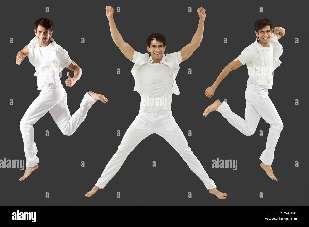 Multiple images of a young man jumping in mid air and smiling Stock ...