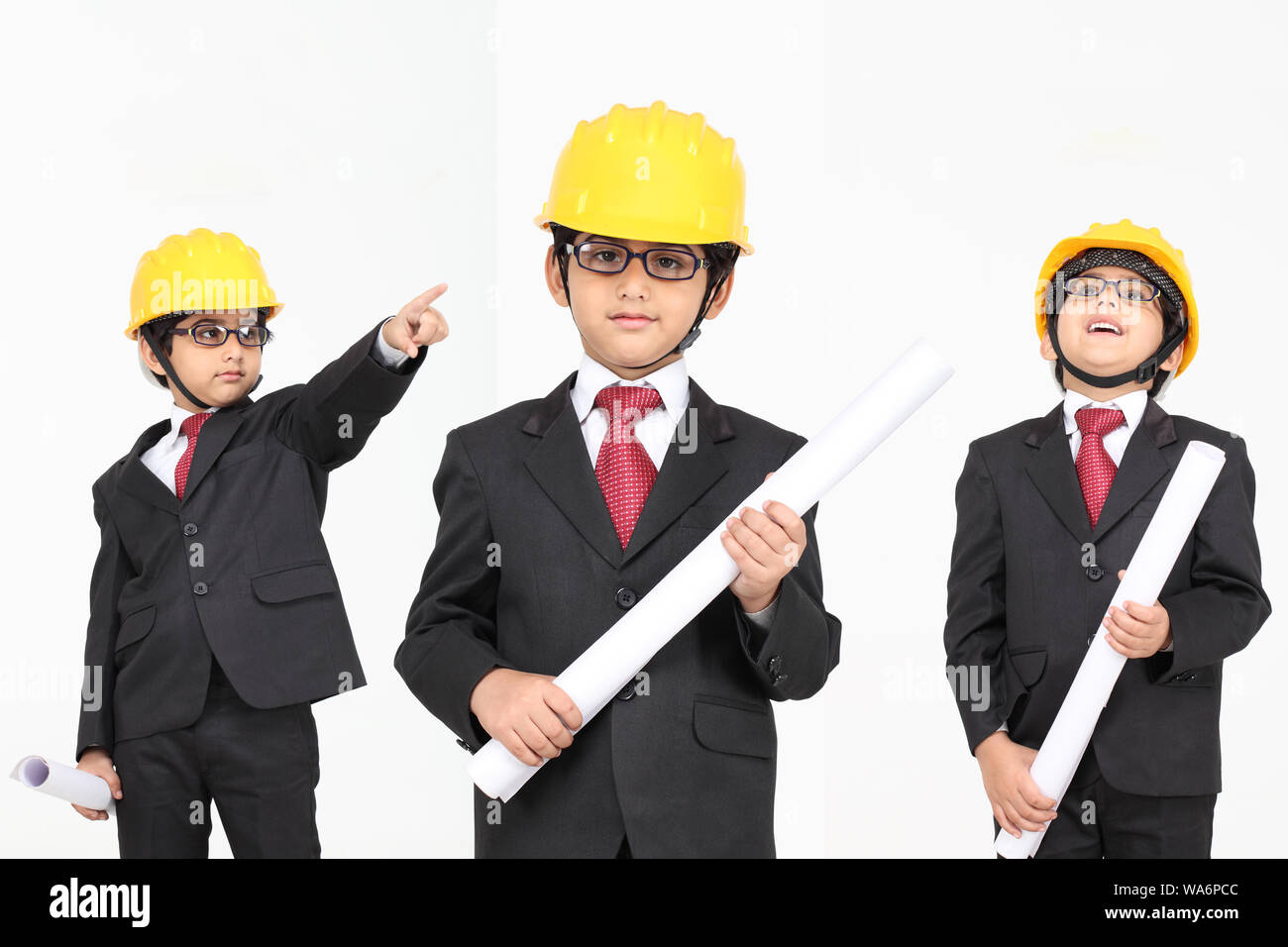 Multiple images of a boy pretending to be an architect and holding ...