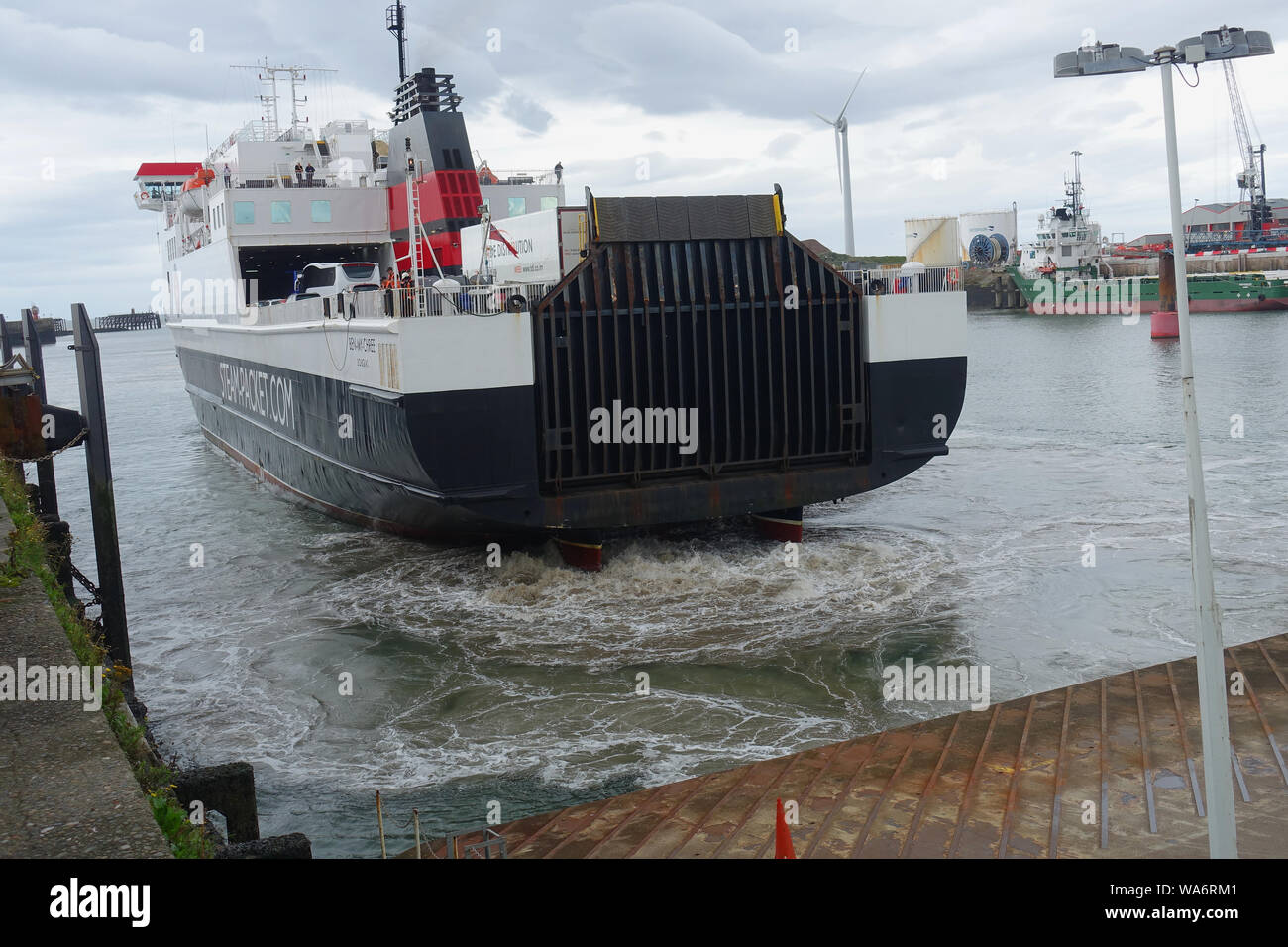 Isle of Man ferry Ben My Chree reverses into her berth at the Heysham ...