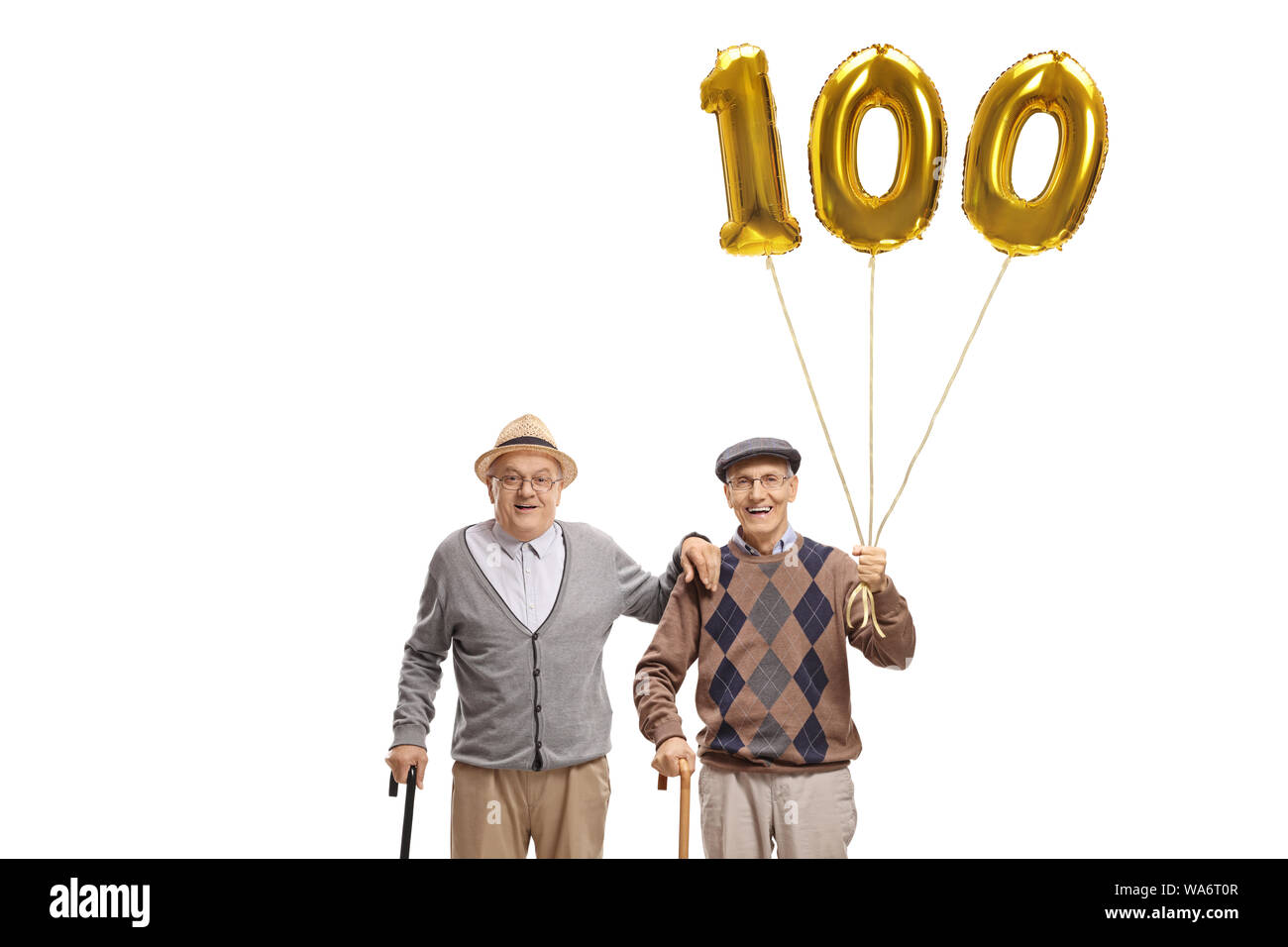 Two senior men with a golden number hundred balloon isolated on white ...