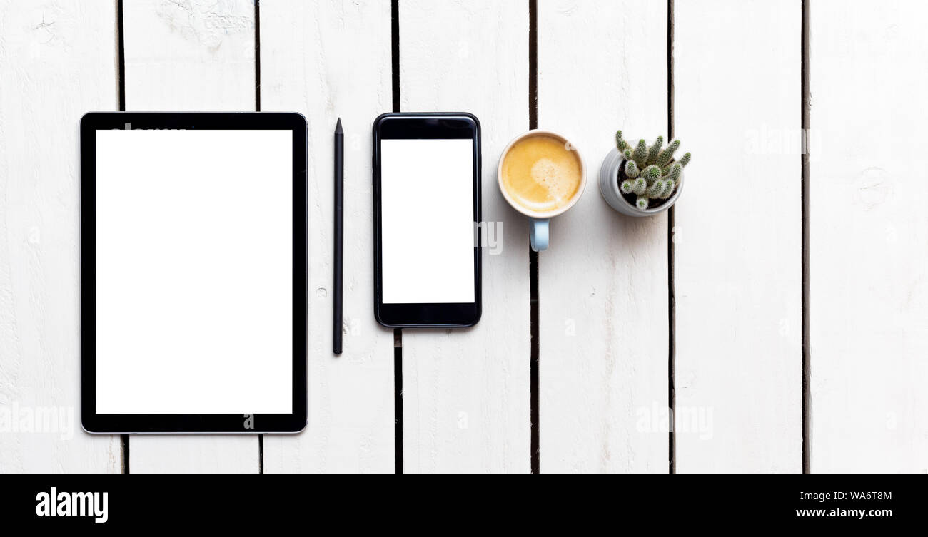 Office objects, devices with blank screens. White screen on smartphone ...