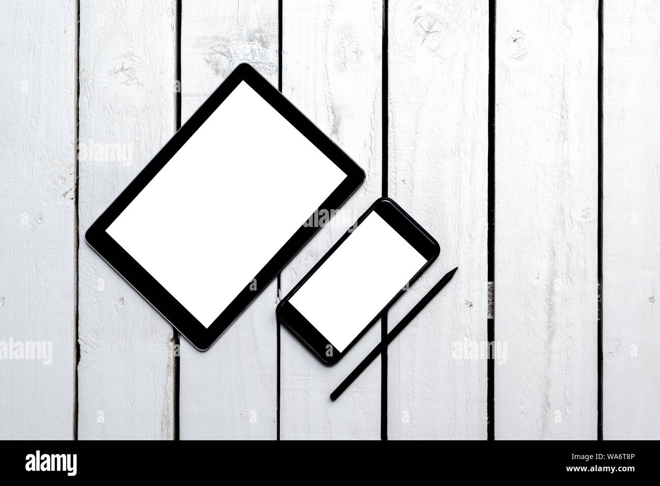 Office objects, devices with blank screens. White screen on smartphone ...