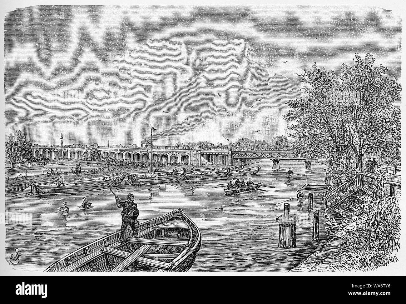 Wooden rowing boat on river Black and White Stock Photos & Images - Alamy