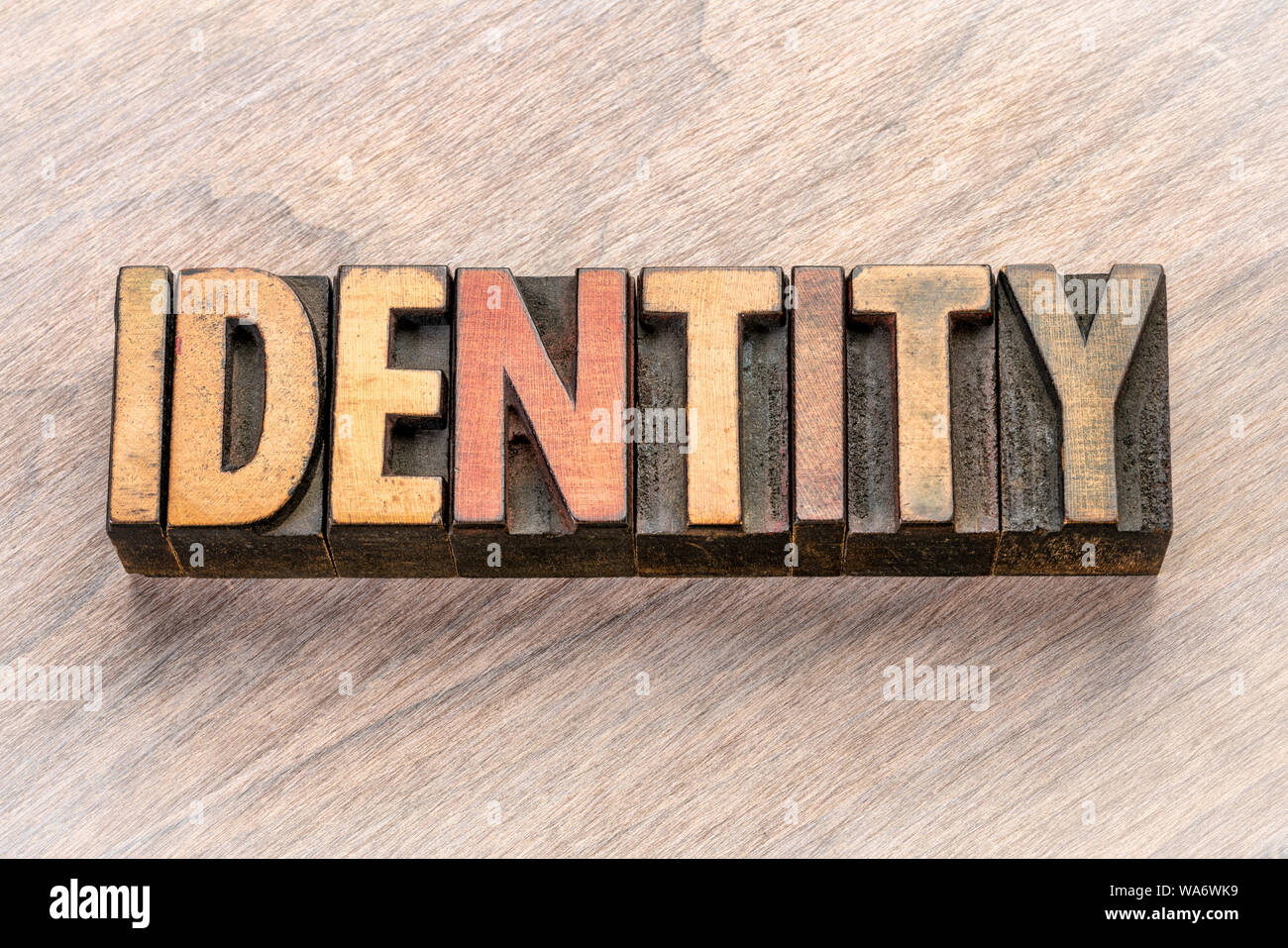 identity word abstract in vintage letterpress wood type Stock Photo - Alamy