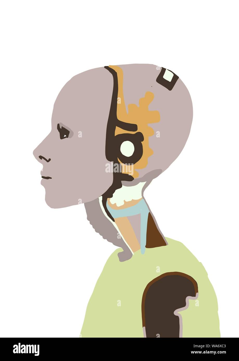 Illustration of beautiful woman cyborg face from side. Half human and ...