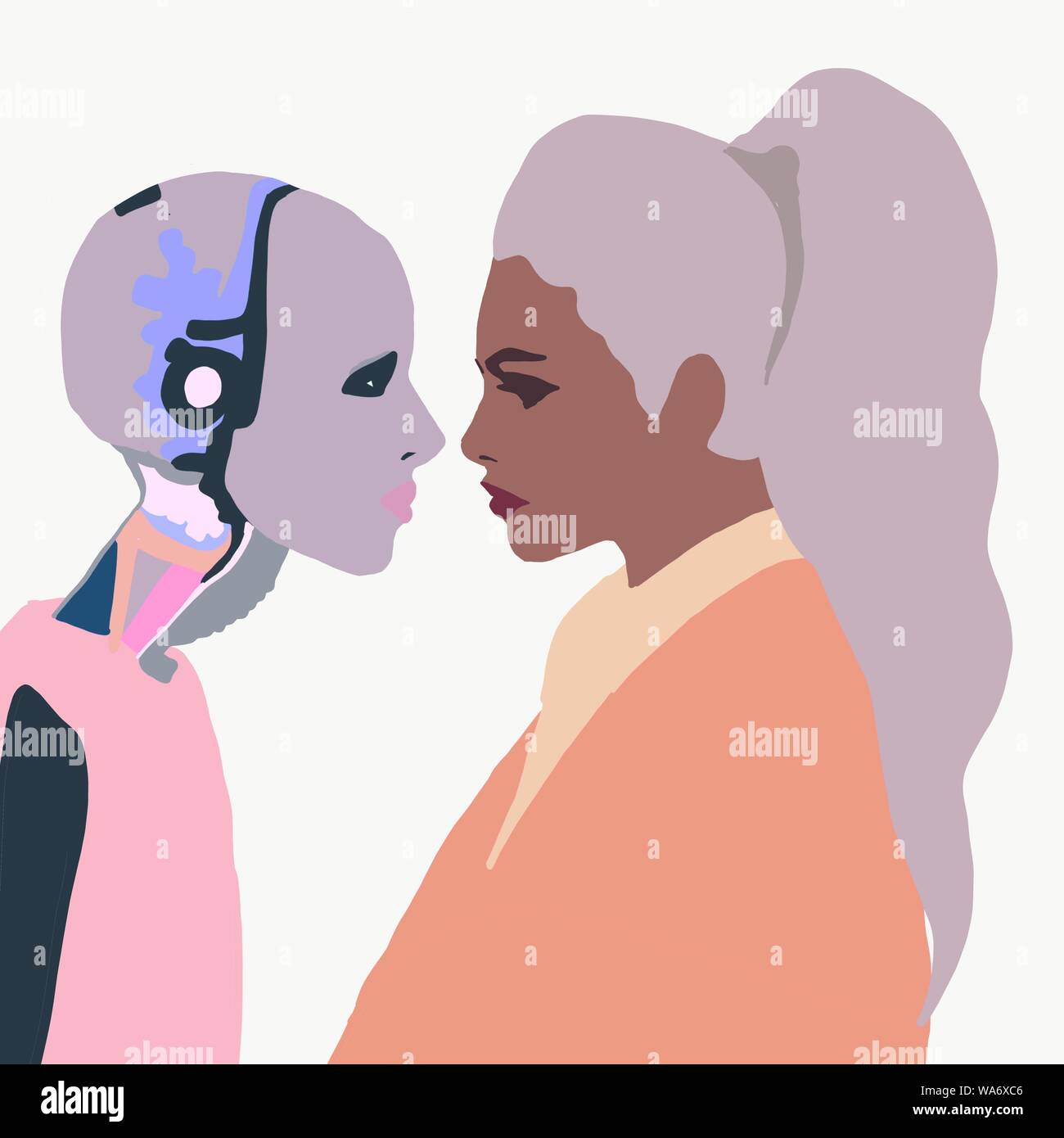 Illustration of beautiful woman cyborg face from side. Half human and ...