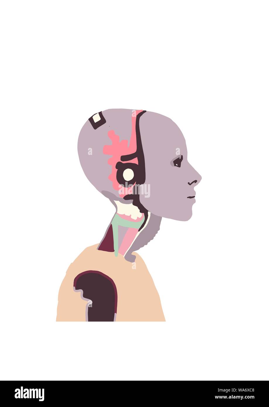 Illustration of beautiful woman cyborg face from side. Half human and ...