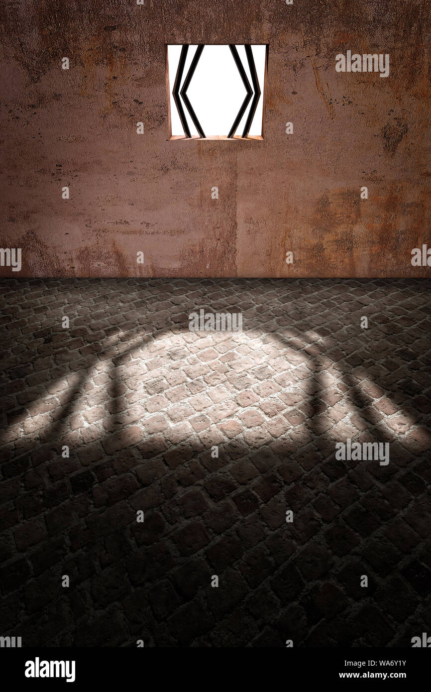 Prison cell. Escape from a penitentiary window. 3d render. Brick floor ...