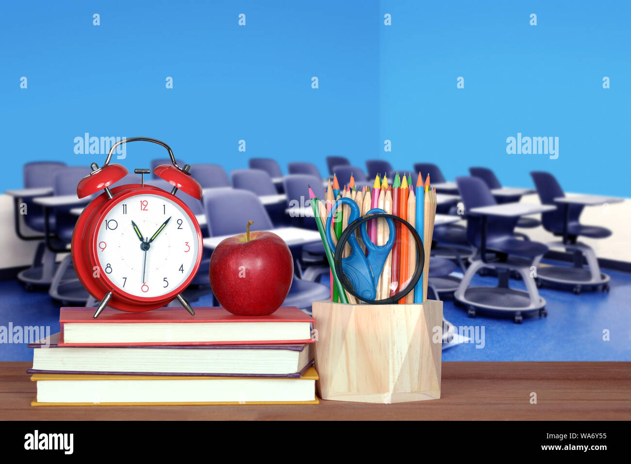 An empty classroom is ready for Back to School event (blurry background ...