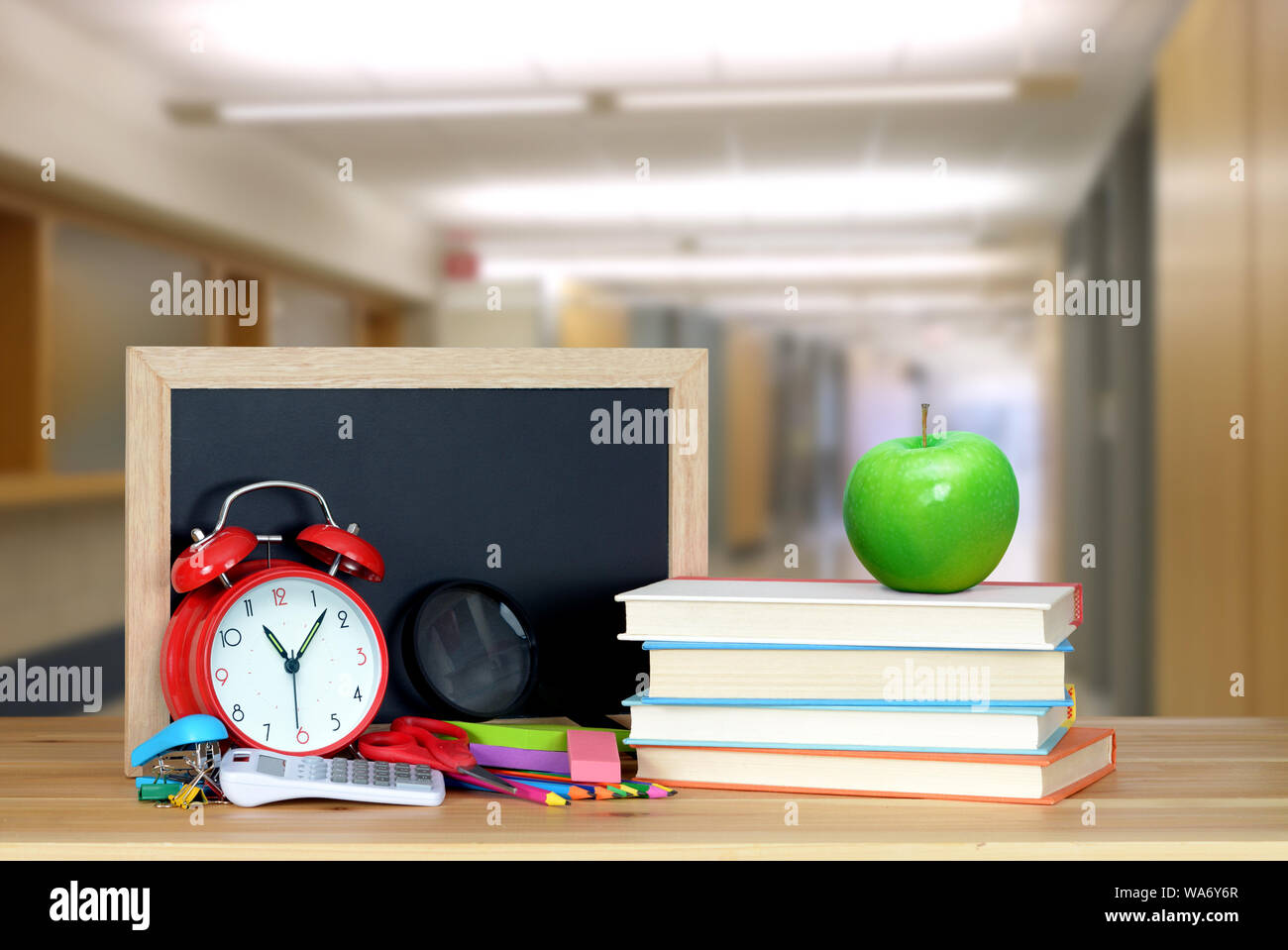 very blurry school hall background and book for education concept Stock ...