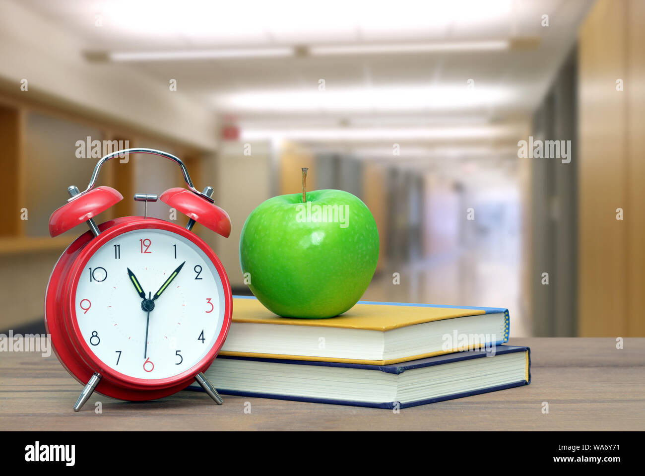 very blurry school hall background and book for education concept Stock ...