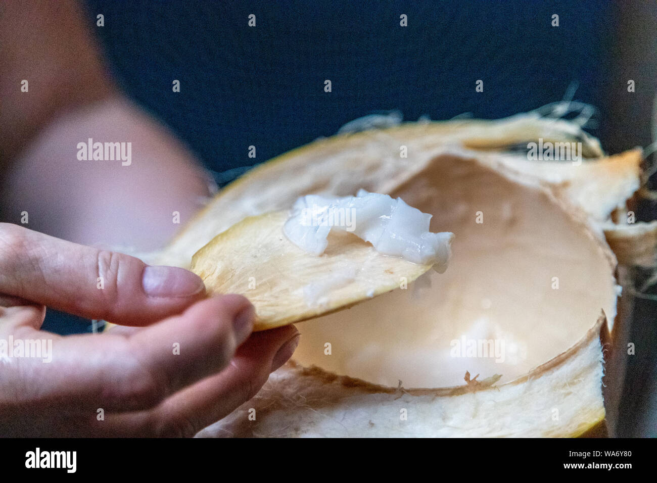 Opened coconut at a market in victoria on seychelles island mahé in the ...