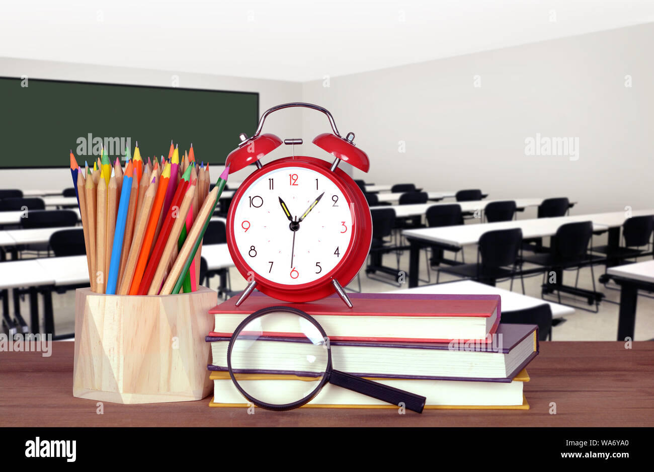 blurry empty classroom in school for back to school and education ...
